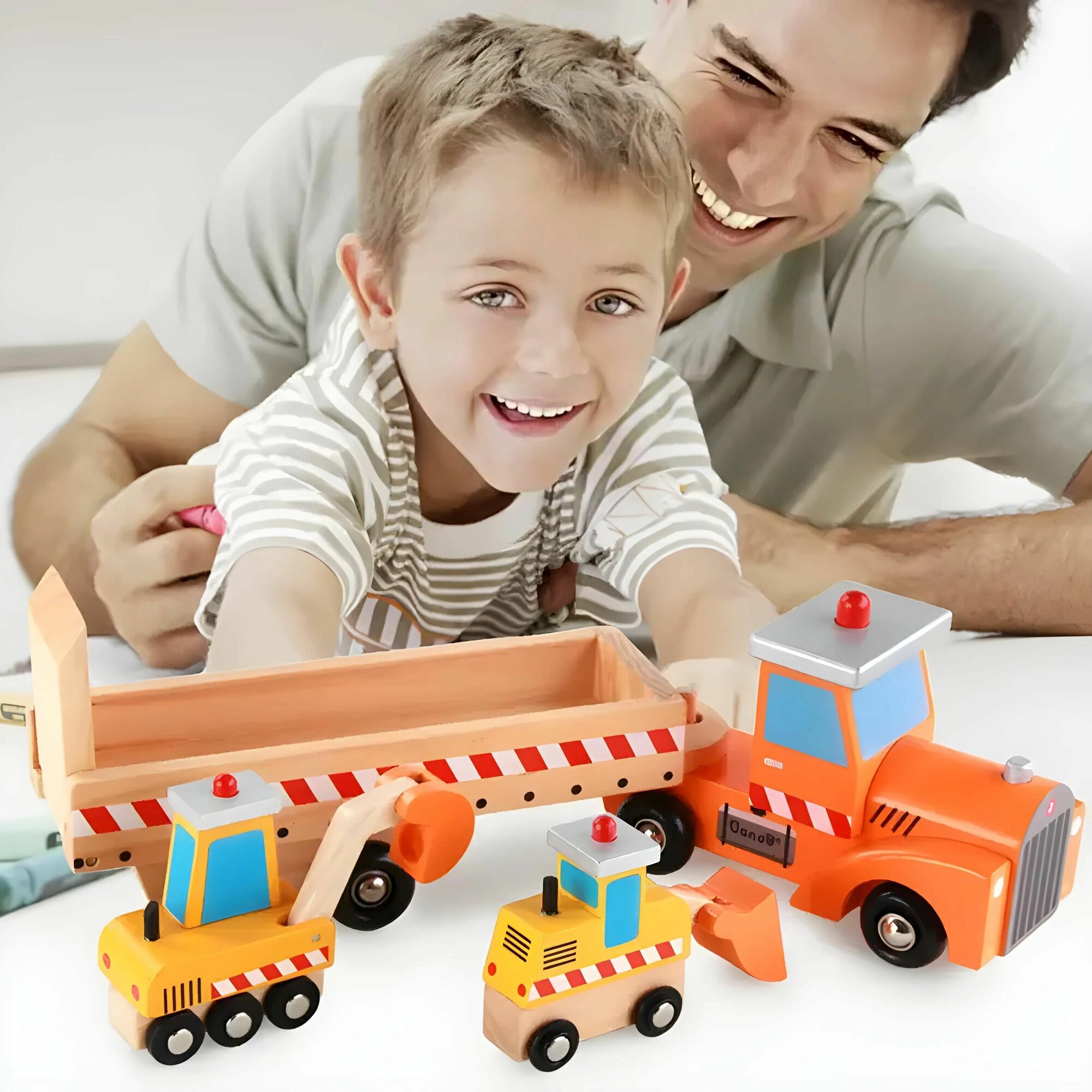 Деревянный автовоз с машинами спецтехники