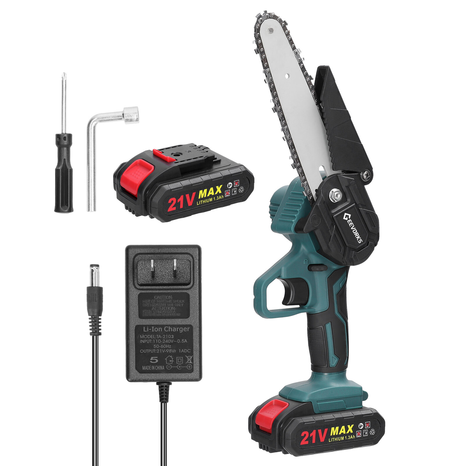 21 В 6-дюймовая портативная электрическая пила для обрезки веток, перезаряжаемая, небольшая цепная пила для колки древесины, одноручный инструмент для работы по дереву в саду или фруктовом саду, зажим для веток