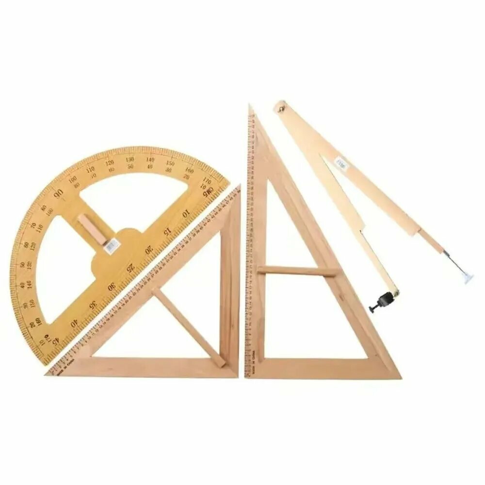 Деревянный набор для школьной доски, 4 предметов: 2 треугольника, 1 транспортир, 1 циркуль, 1 набор