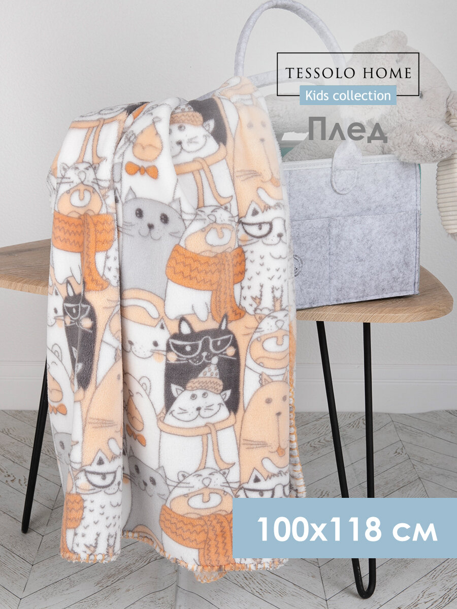 Плед для новорожденного 100х118 пушистый детский в коляску кроватку Tessolo Home, "Котики"
