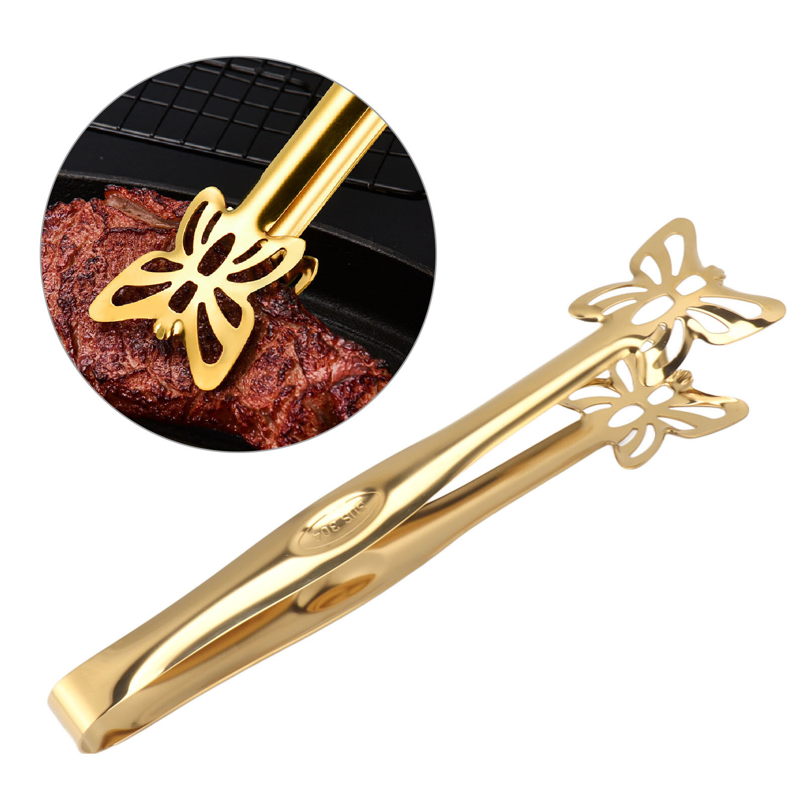 Щипцы для еды из нержавеющей стали. Пищевые безопасные утолщенные полые щипцы для сервировки шведского стола для кухни. Шведский стол. Барбекю. Вечерние щипцы-бабочки. Золото.