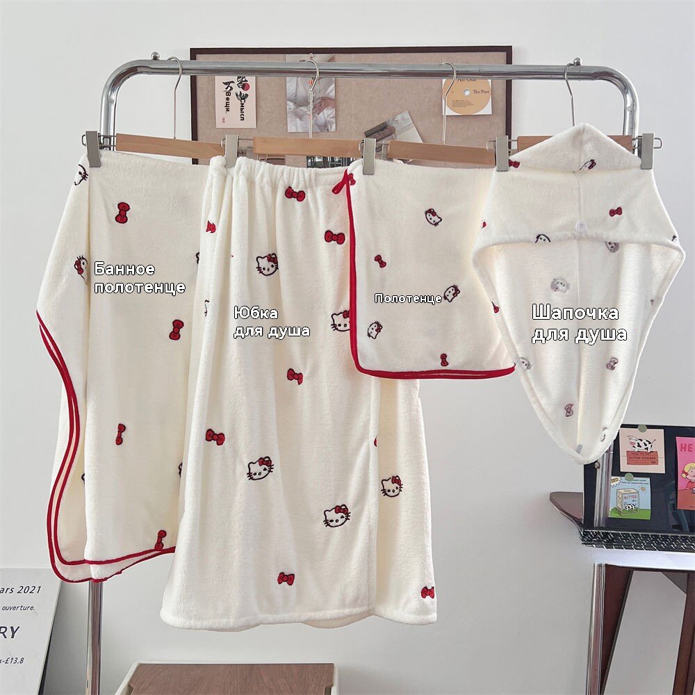 Комплект из четырех предметов Hello Kitty, полотенце, банное полотенце, юбка для ванны, шапочка для сухих волос
