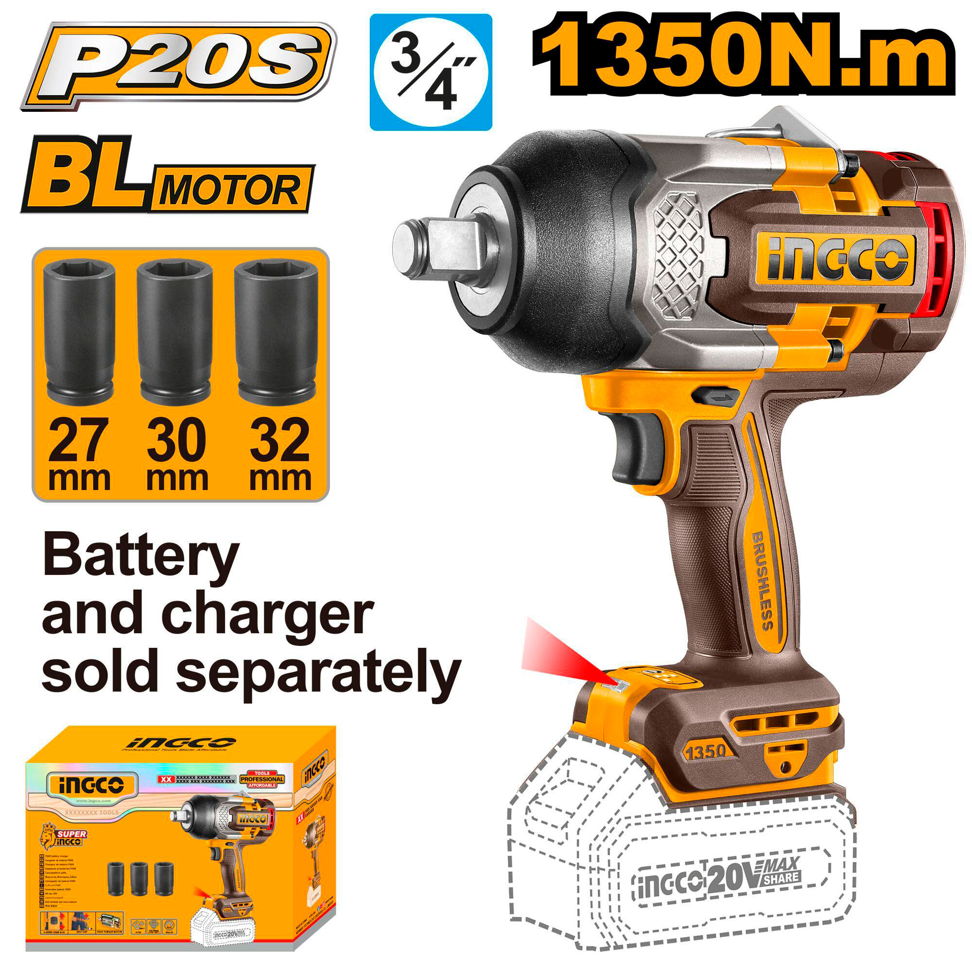 Аккумуляторный гайковерт без АКБ и ЗУ INGCO CIWLI201351 INDUSTRIAL