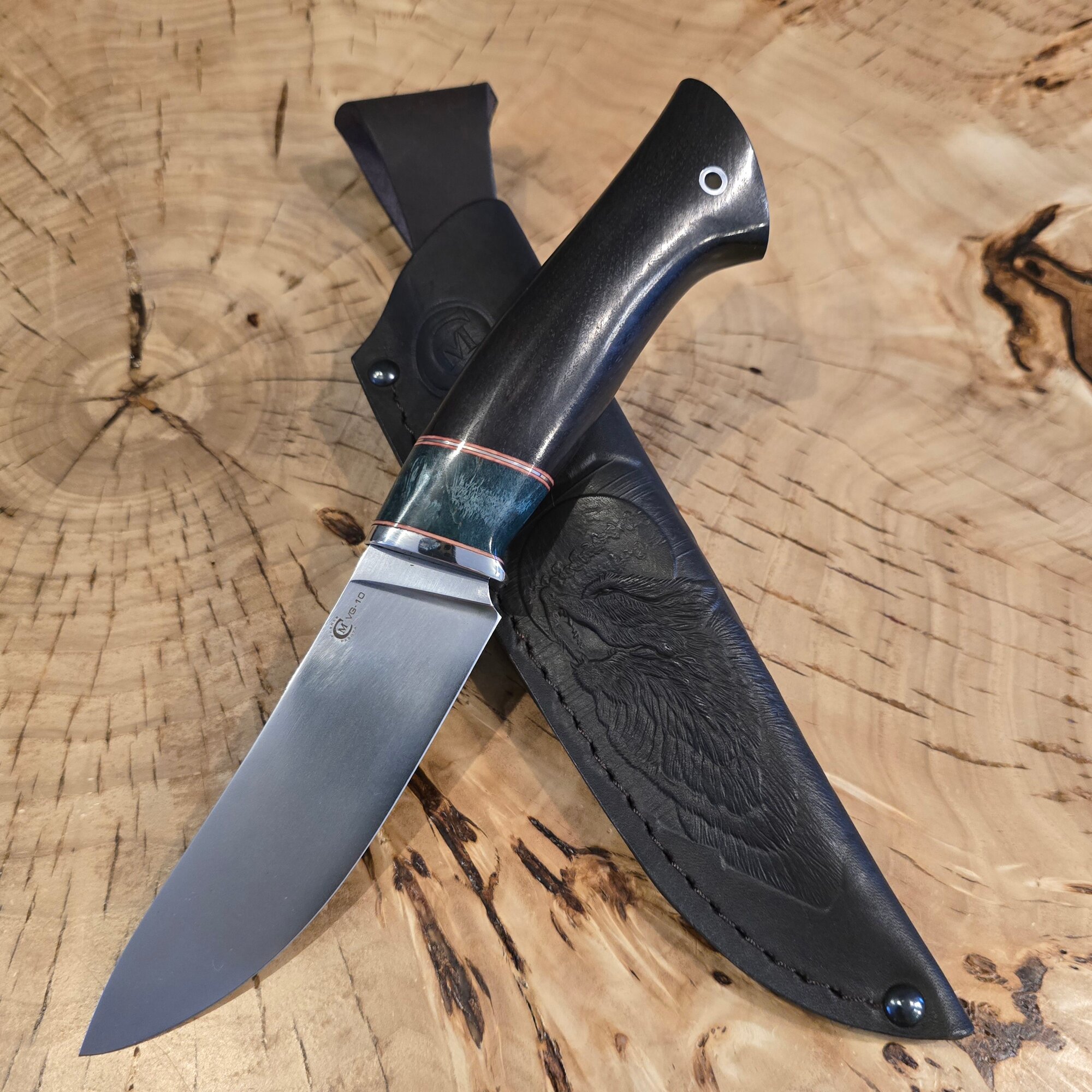 Нож Кайман, сталь VG10, рукоять черный граб, стабилизированная карельская береза, Мастерская Семина