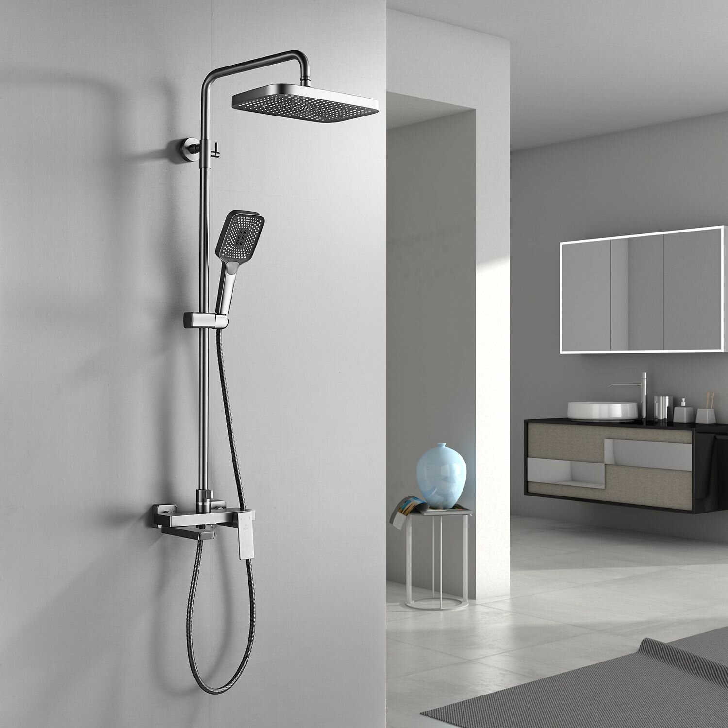 Душевая система Rose с верхним тропическим душем и ручной лейкой, оружейная сталь