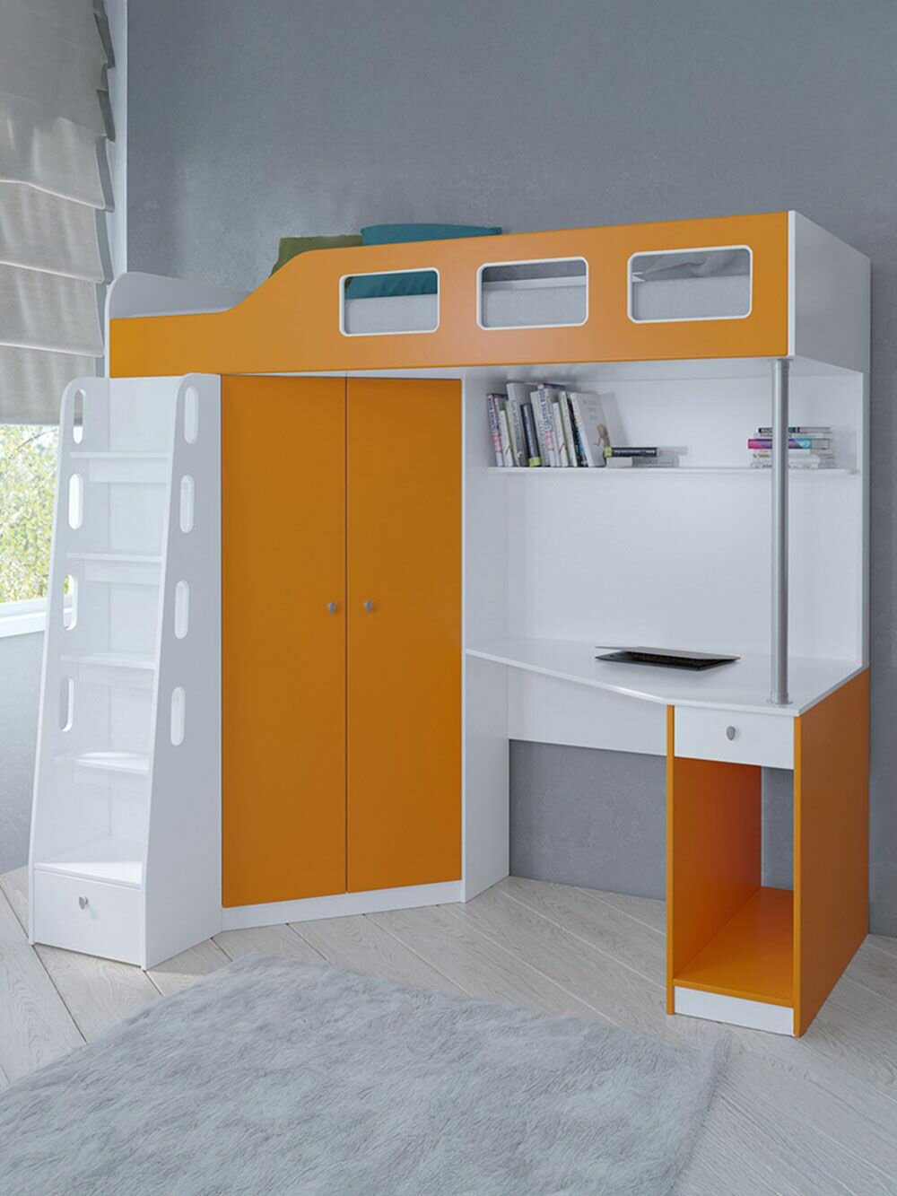 Кровать-чердак Астра-7 80х195 см, с основанием настил, со шкафом, со столом, с полками, с ящиком, Белый Оранжевый