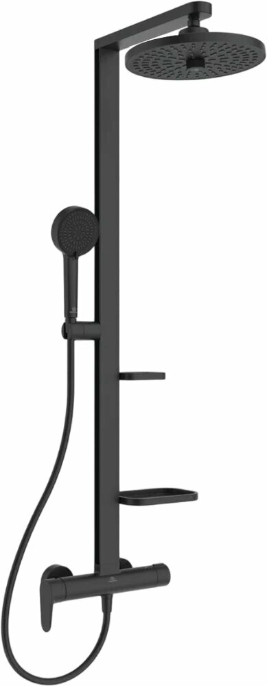 Душевая стойка Ideal Standard Alu+ BD584XG со смесителем, черная, матовая, с тропическим душем, с девиатором, с лейкой, душевая система, латунная, рычаг сбоку