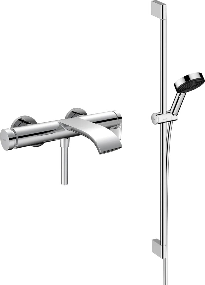 Смеситель для ванны с душем Hansgrohe Vivenis 75420000 с душевым гарнитуром, настенный, однорычажный, хром, глянцевый, латунный, с керамическим картриджем