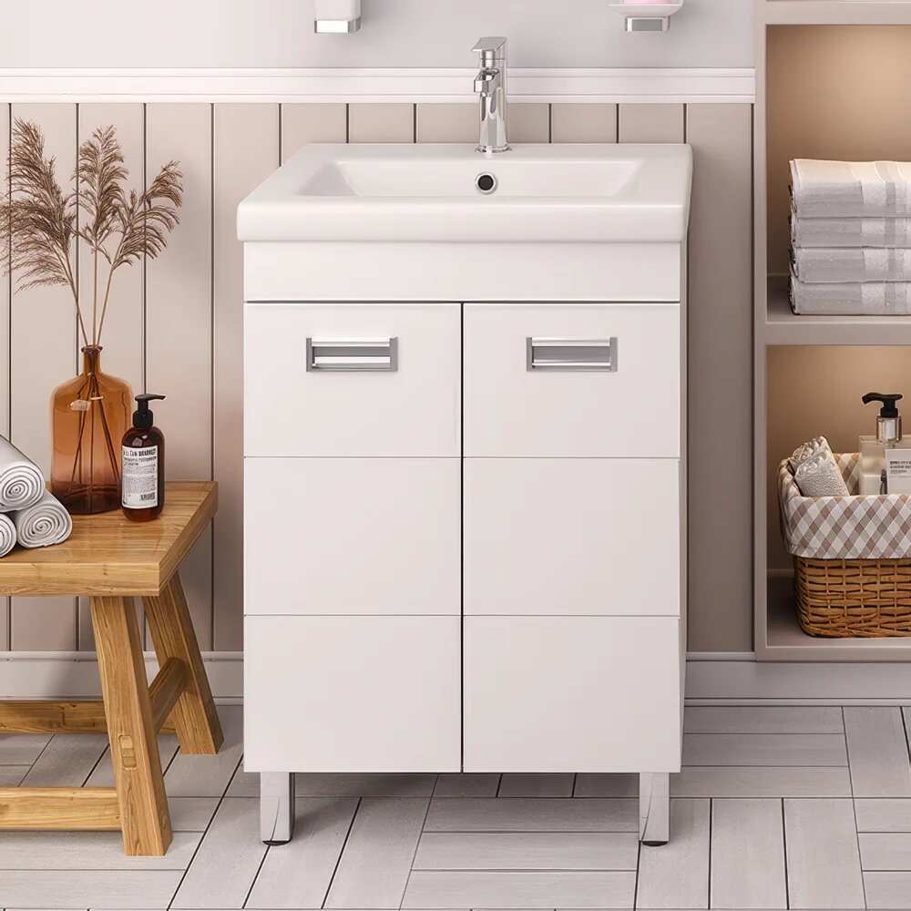 Тумба с раковиной Emmy Монтана 50 напольная, 50 см, белая, глянцевая, из МДФ, с дверками, раковина для ванной, фарфоровая, прямоугольная, встроенный слив-перелив