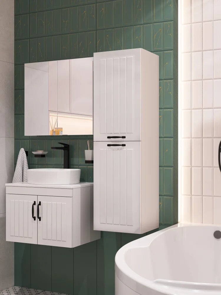 Шкаф-пенал для ванной DIWO Сочи подвесной, 35 см, белый, матовый, с дверками, из МДФ, фурнитура черная, в стиле ретро