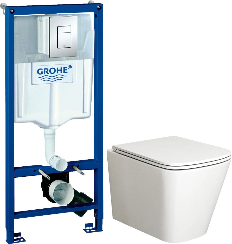 Комплект 2 в 1 Унитаз подвесной Bauedge Stil BS0002 с микролифтом, безободковый, глянцевый белый / Инсталляция с кнопкой Grohe Rapid SL 38772001 цвет хром
