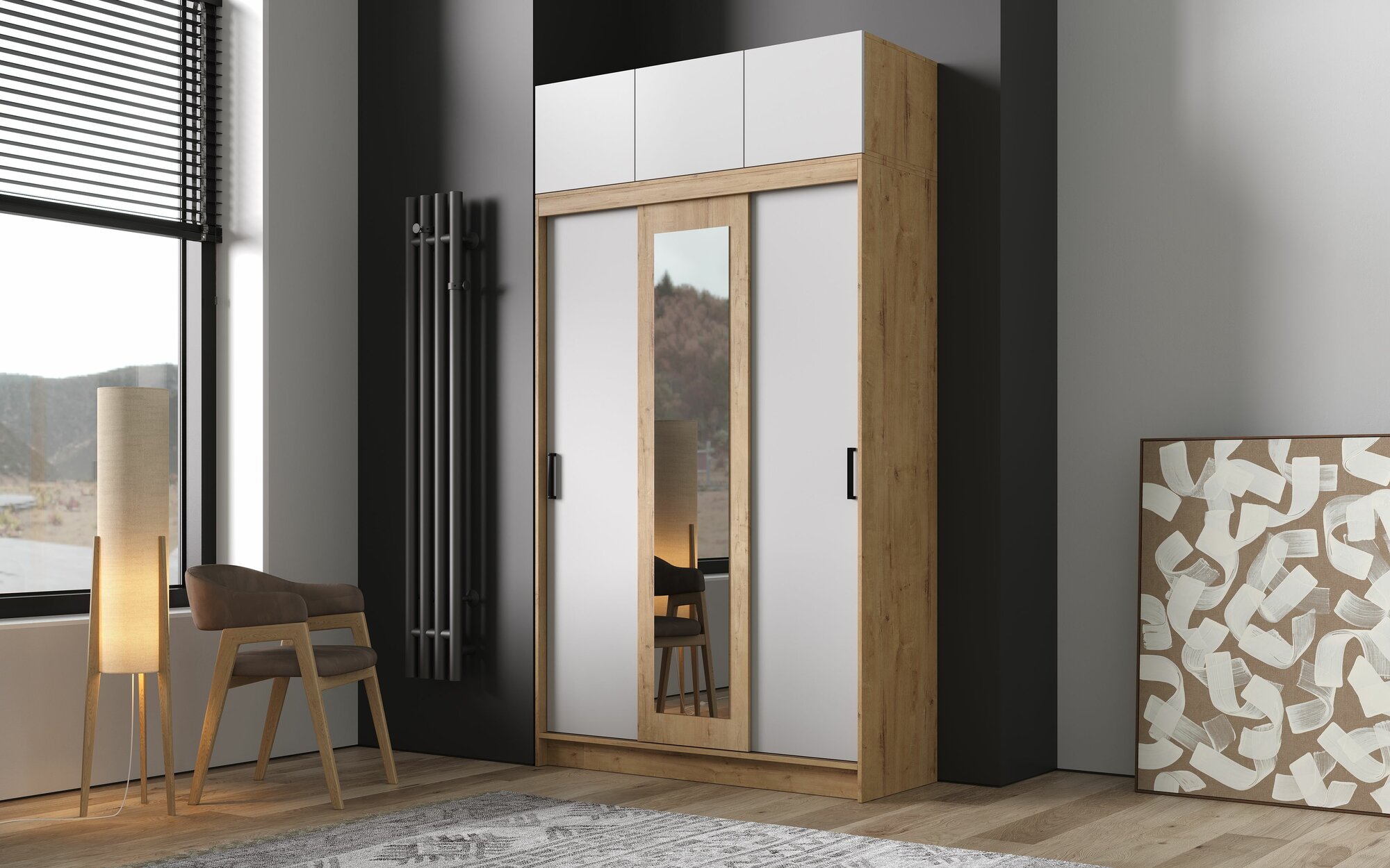 Шкаф-купе Бруно 5 Дуб Вотан/Белый гладкий с антресолью и зеркалом ЛДСП ширина 131 см с полками в спальню и гостиную напольный 2 штанги