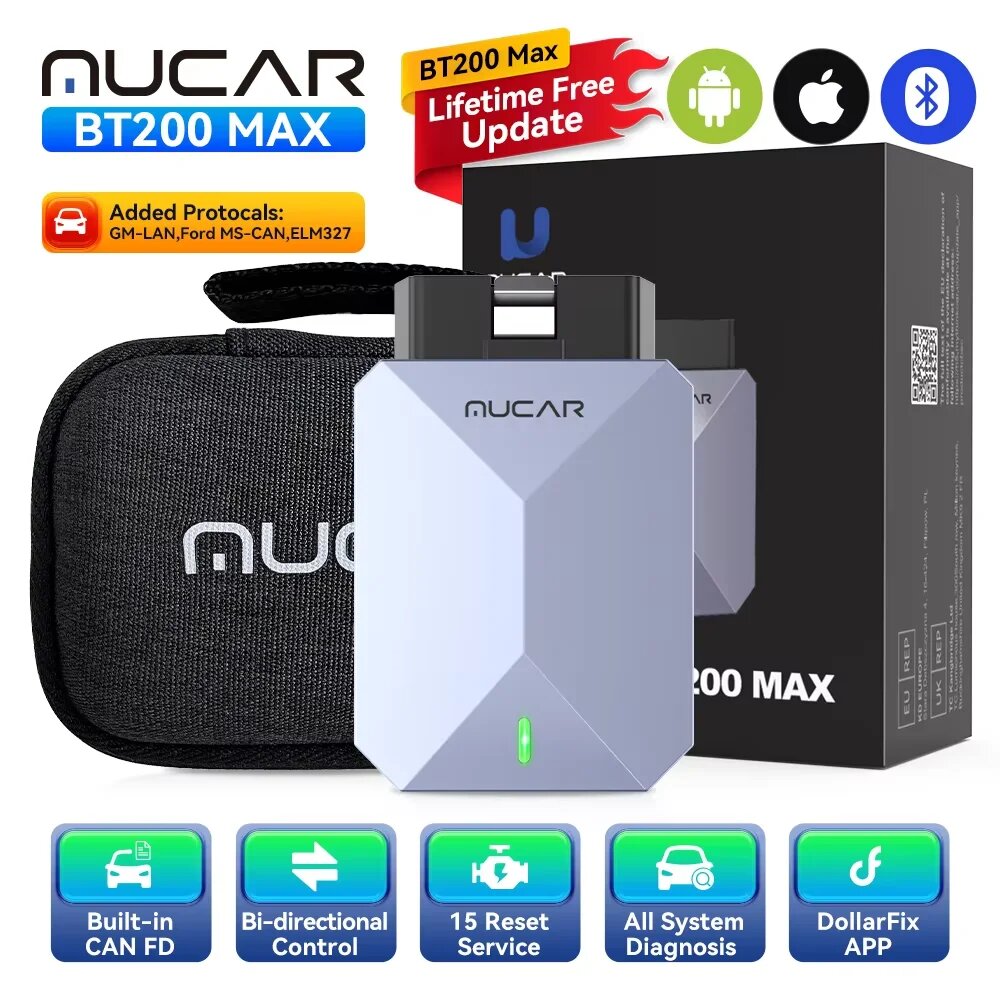 Автомобильные инструменты MUCAR BT200 MAX AI ELM327 OBD2 Bluetooth-сканер CANFD двунаправленный 15, сброс полной системы считыватель диагностических кодов, MUCAR BT200 MAX