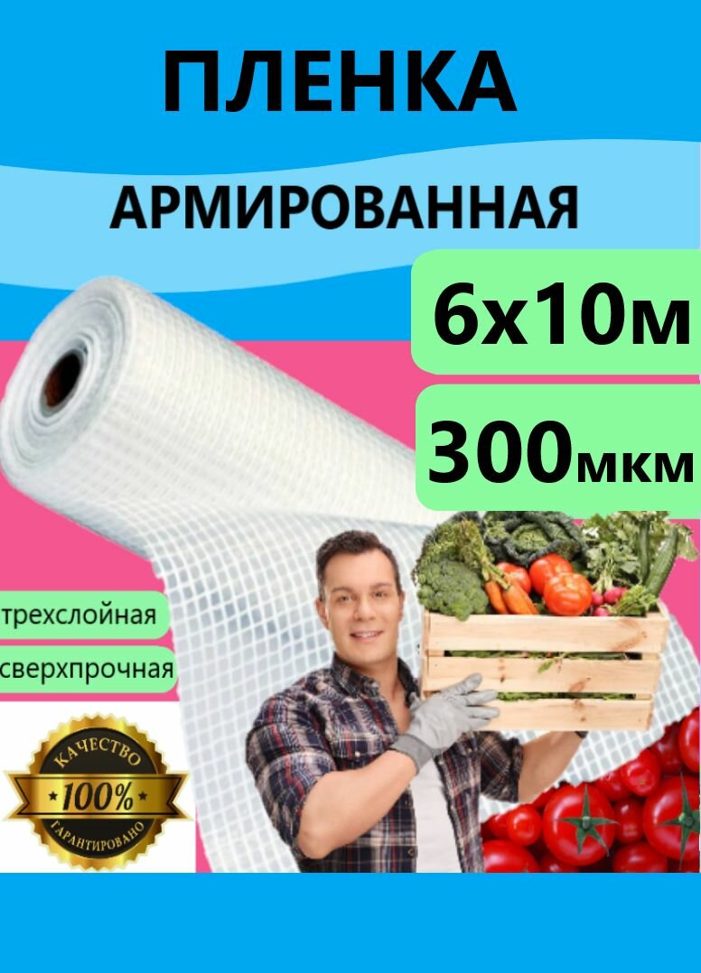 Плёнка Армированная 6х10м 300мкм для теплиц и парников, строительства укрывная гидроизоляция
