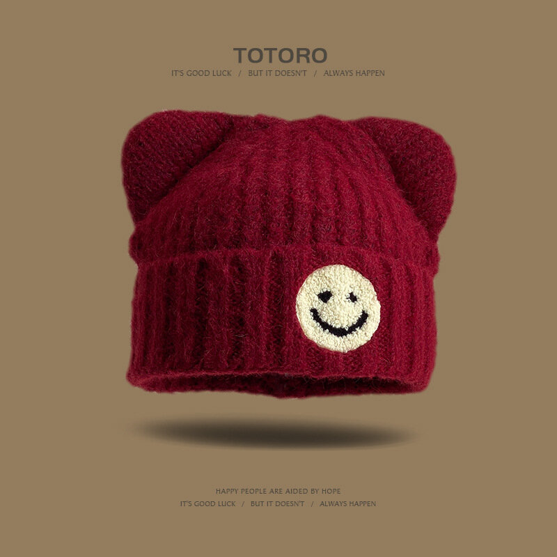 Японская милая вязаная шапка с кошачьими ушками для женщин, однотонная шерстяная шапка 2024, осенне-зимняя теплая и универсальная, приятная для кожи носка