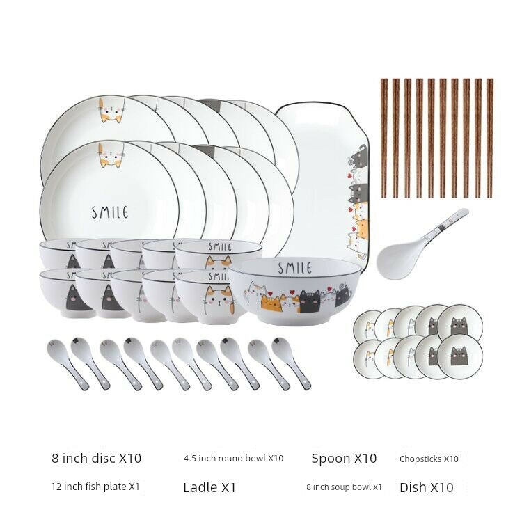 Кошачья тематика керамическая посуда, круглая форма, 10 персон, 53 предмета, современная кухонная посуда для дома