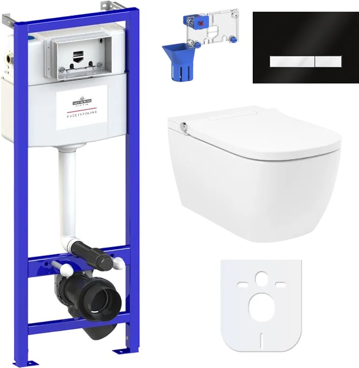 Комплект Lavinia Boho Унитаз подвесной Smart V-Clean 3359101R безободковый, с микролифтом / Инсталляция RelFix 38010010 / Кнопка RelFix 38050701 глянцевая черная, белая, Дозатор RelFix 38040010