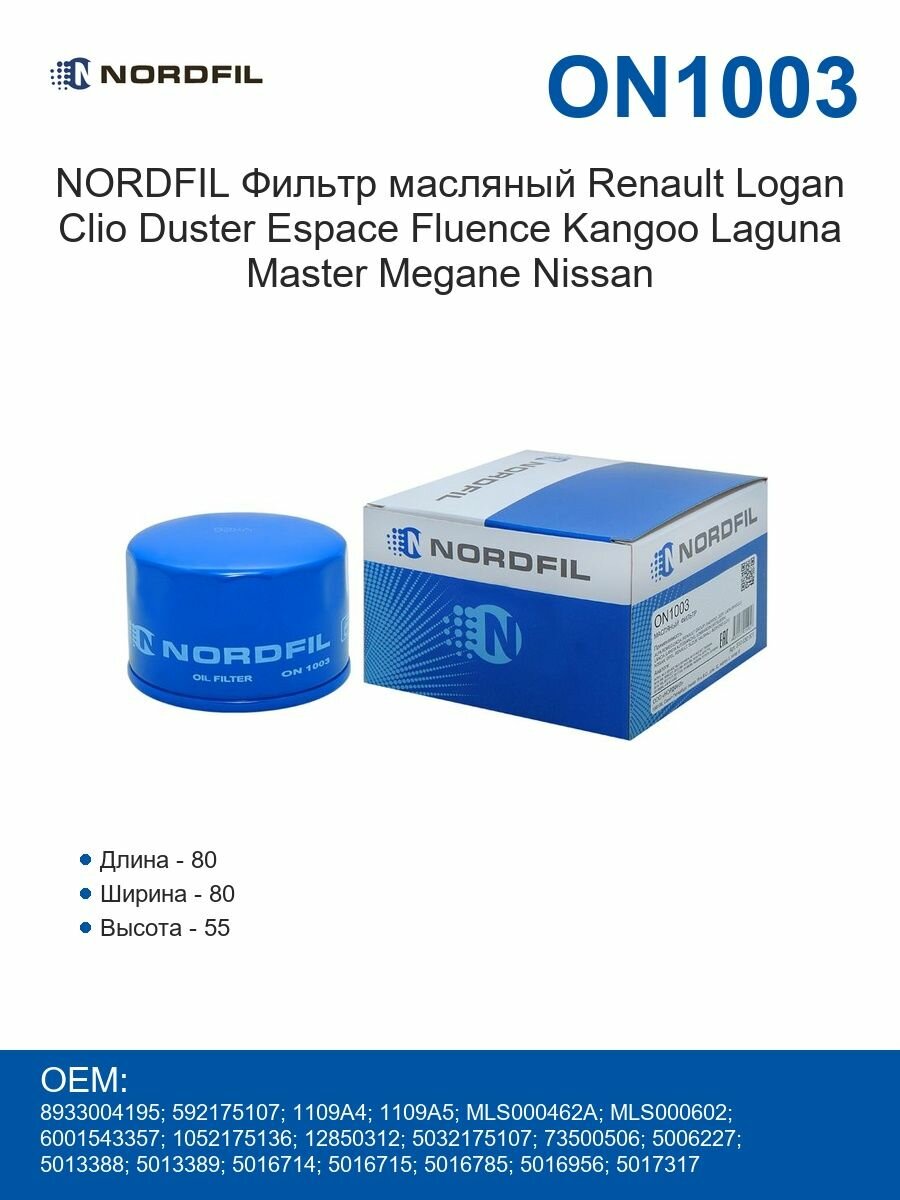 NORDFIL Фильтр масляный Renault Logan Clio Duster Espace Fluence Kangoo Laguna Master Megane Nissan