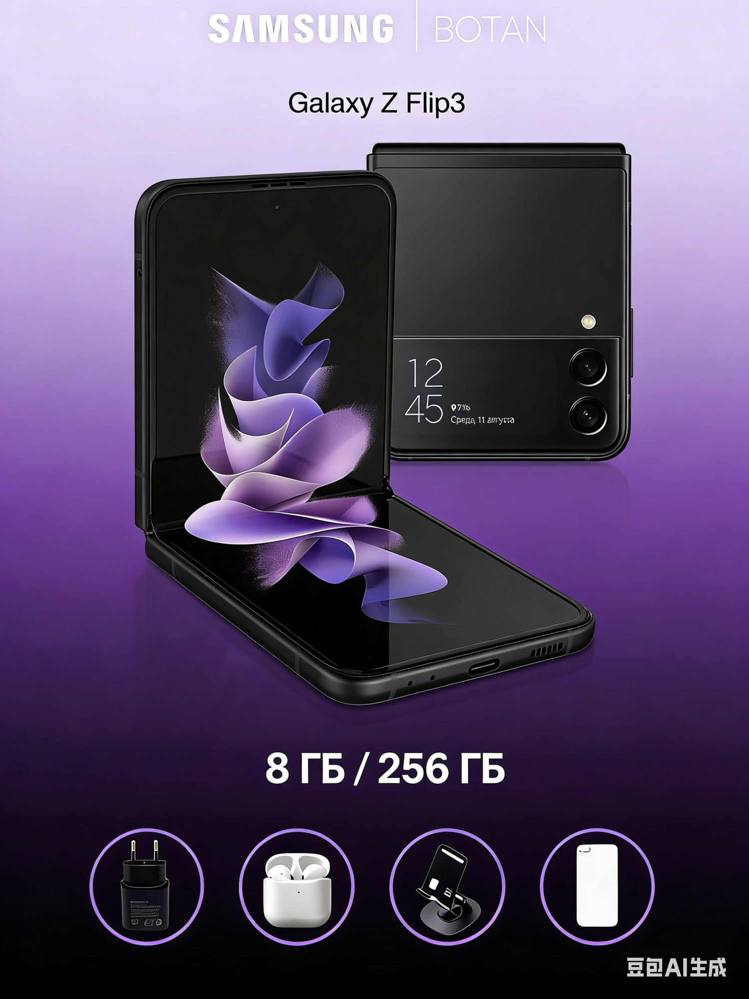 Оригинальный смартфон Samsung Galaxy Z Flip3 8/256, включая 4 бесплатных подарка, черного цвета