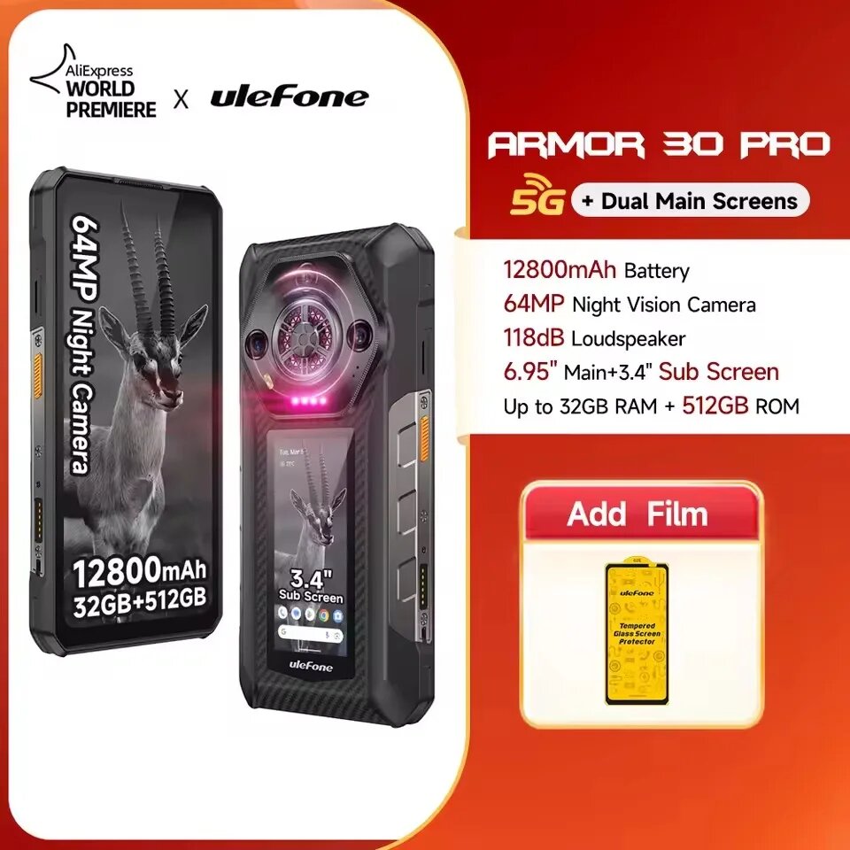 Ulefone Armor 30 Pro 5G, 12800mAh, 64MP, двойной экран, 32GB+512GB, Add