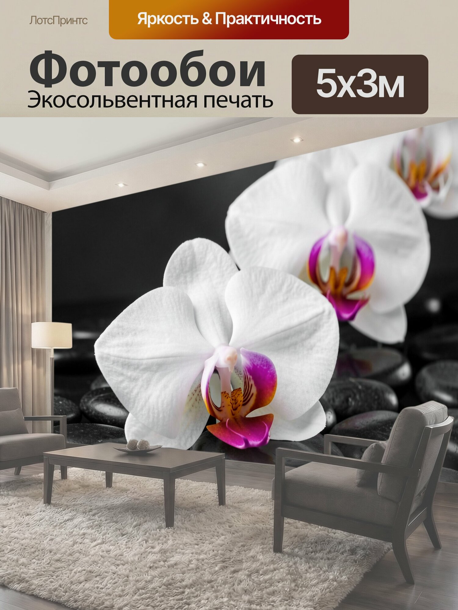 Фотообои "Белые орхидеи на черных камнях. Элегантная флористическая композиция с нежными фаленопсисами, гладкой галькой и отражающей темной." 500x300 см. экосольвентная печать