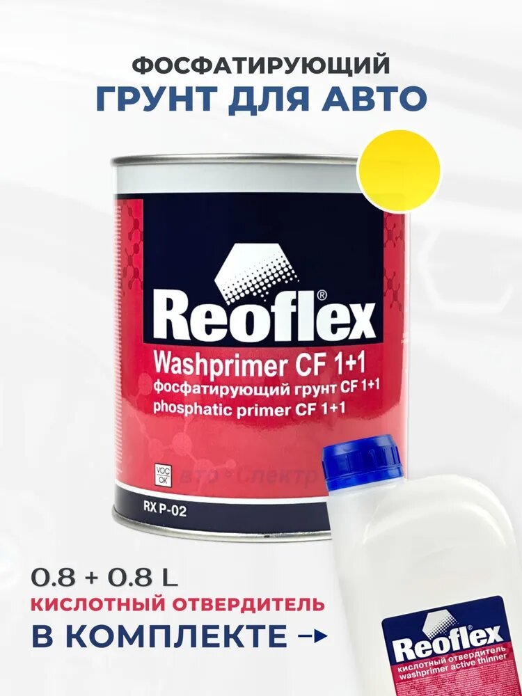 REOFLEX Кислотный грунт для авто 2K СF 1+1, 0.8л, желтый + кислотный отвердитель 0,8л.