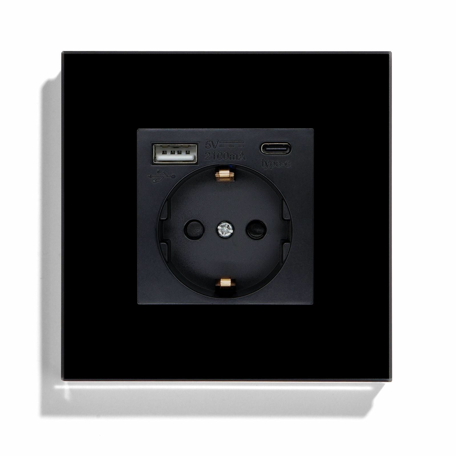 Розетка Черная с USB и Type-C портами, рамка из закаленного стекла евро стандарт со шторками 16А 250V
