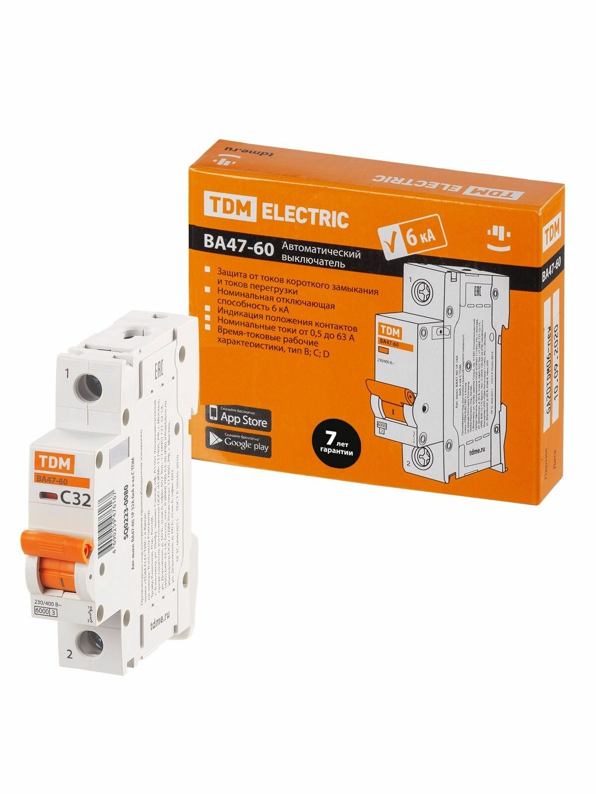 Автоматический выключатель ВА47-60 1Р 32А 6кА х-ка С TDM Electric