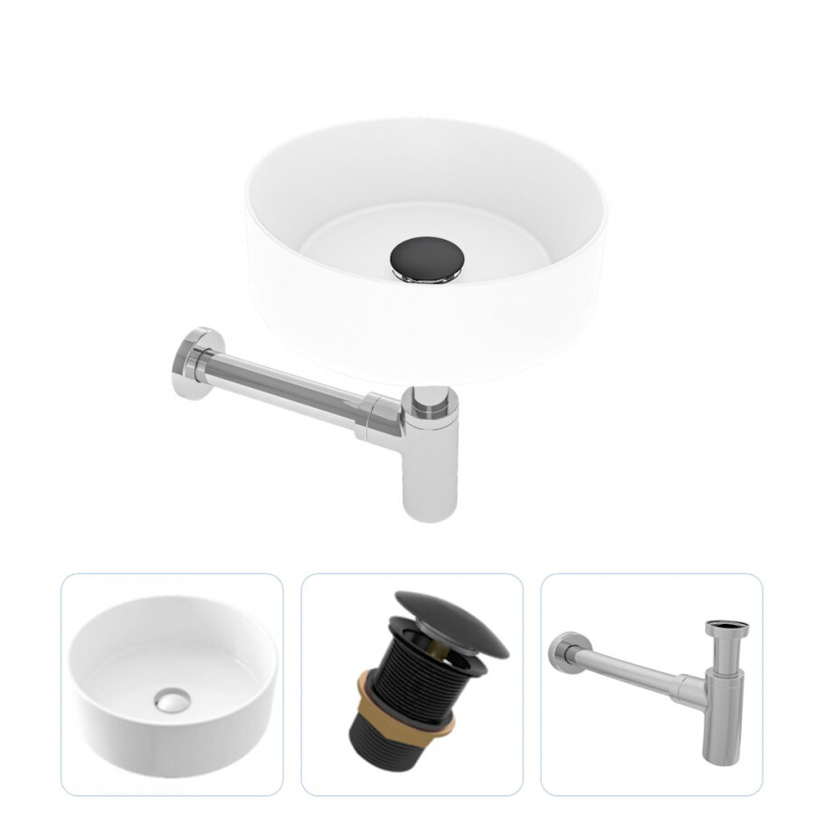 Раковина накладная для ванной Teymi Lina D41 в комплекте донный клапан клик-клак без перелива черный и сифон хром F07578