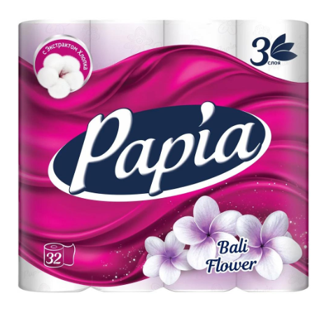 Набор из 3 штук Туалетная бумага Papia белая с ароматом Bali Flower и рисунком трёхслойная 32шт