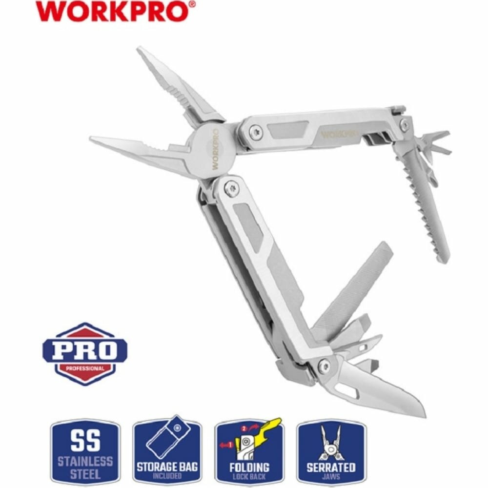 Мультитул, WORKPRO, 15в1 WORKPRO WP382002, 102х36х23мм, нержавеющая сталь