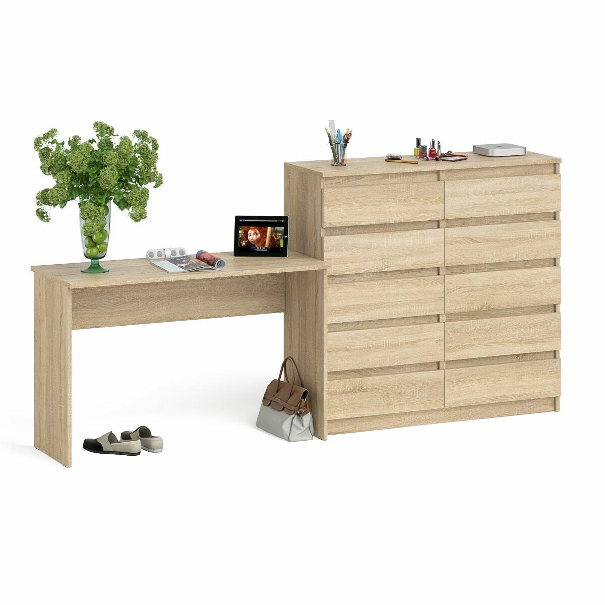 Большой комод СВК Мори МК1200.10 десять ящиков и письменный стол цвет дуб сонома, 240,8х50х115 см.