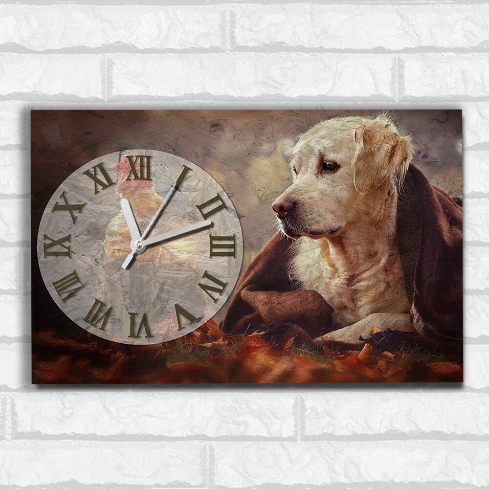 Настенные бесшумные часы ОСБ со смещенным циферблатом Животные Щенок ( Собака, цветы, ретвивер, милота, Подарок для мамы, бабушки сестры, подруге) - 2556