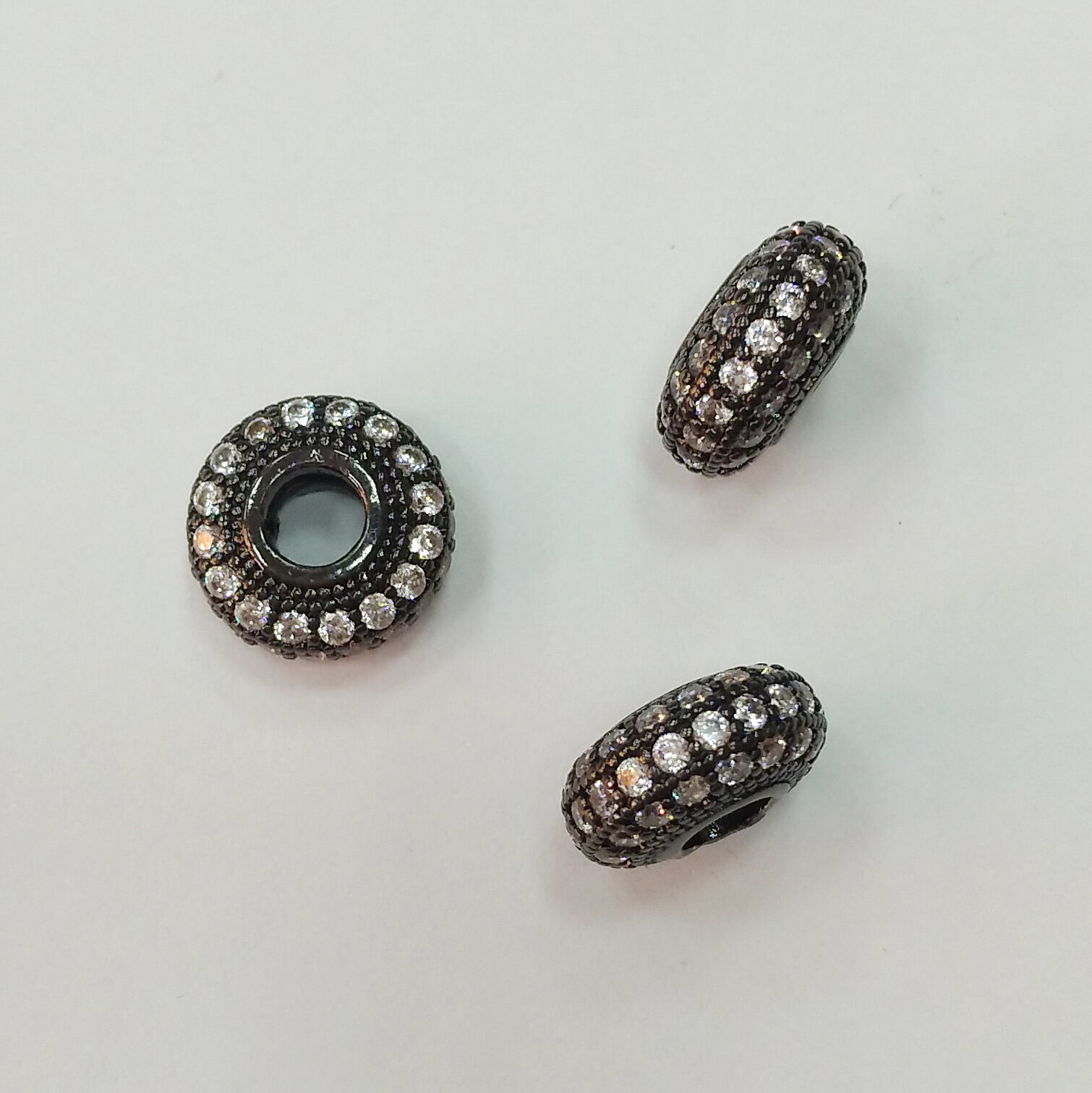 Бусина металлическая 11.5х5мм, Milano, Рондель, с крупным отверстием, с фианитами, базовый материал - латунь, вороненая сталь, 1 шт.