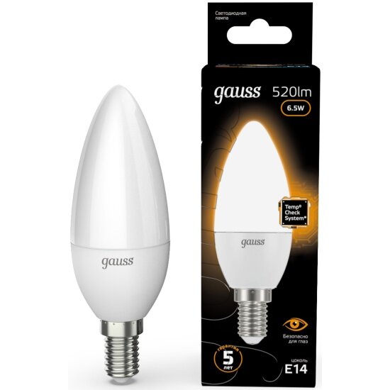 Светодиодная лампа Gauss LED Свеча E14 6.5W 520lm 3000К (упаковка 10 шт)