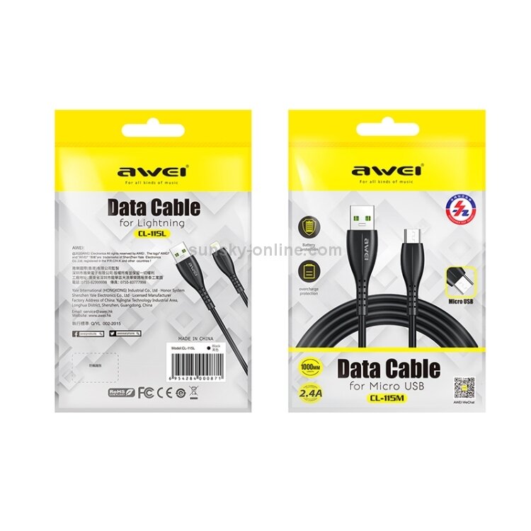 Кабель AWEI CL-115L USB to Lightning 2.4A 1 м, Black