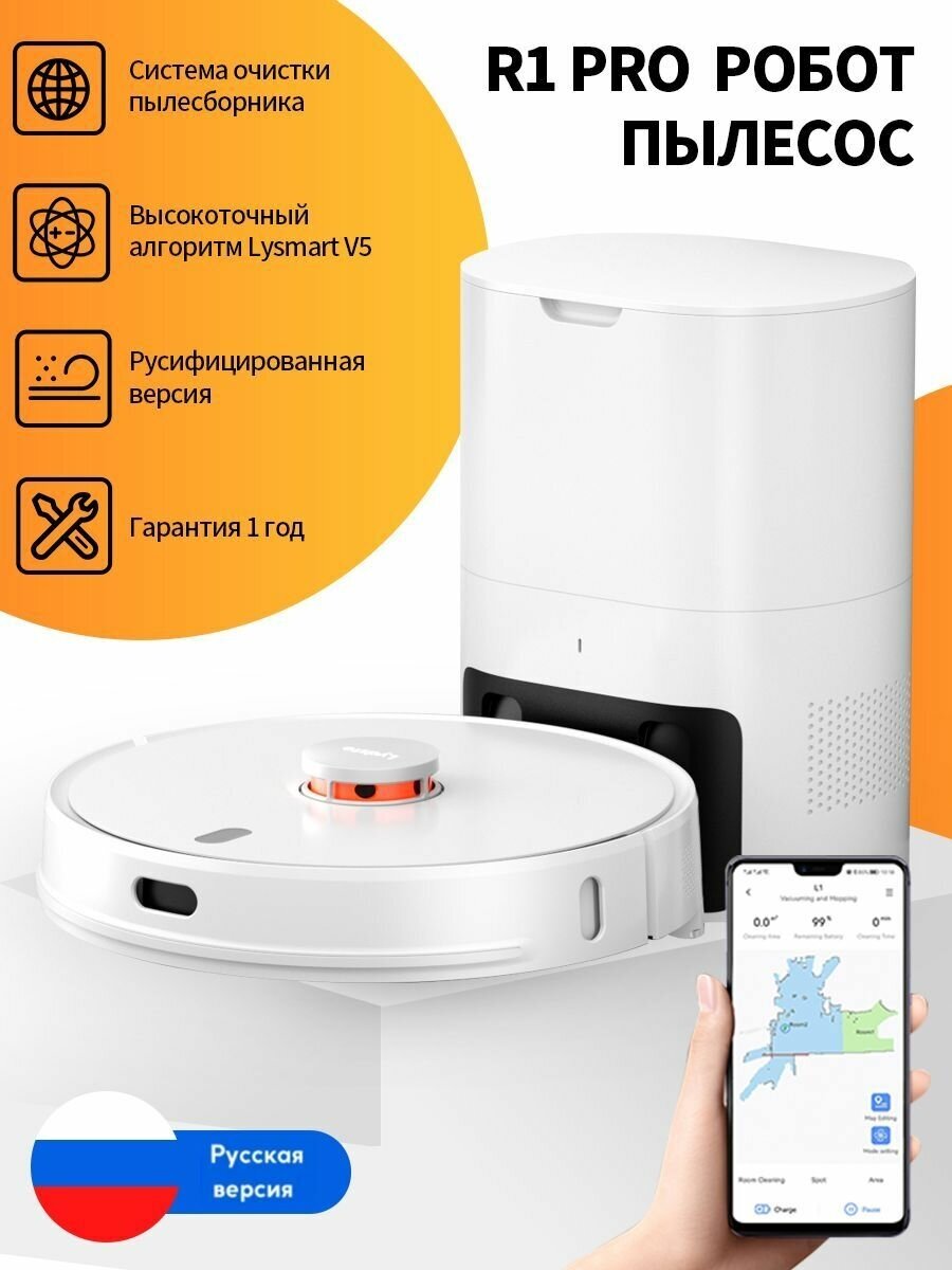 .Уценка.Робот-пылесос с влажной и сухой уборки Lydsto R1 Pro, автоматический сбор пыли, белый