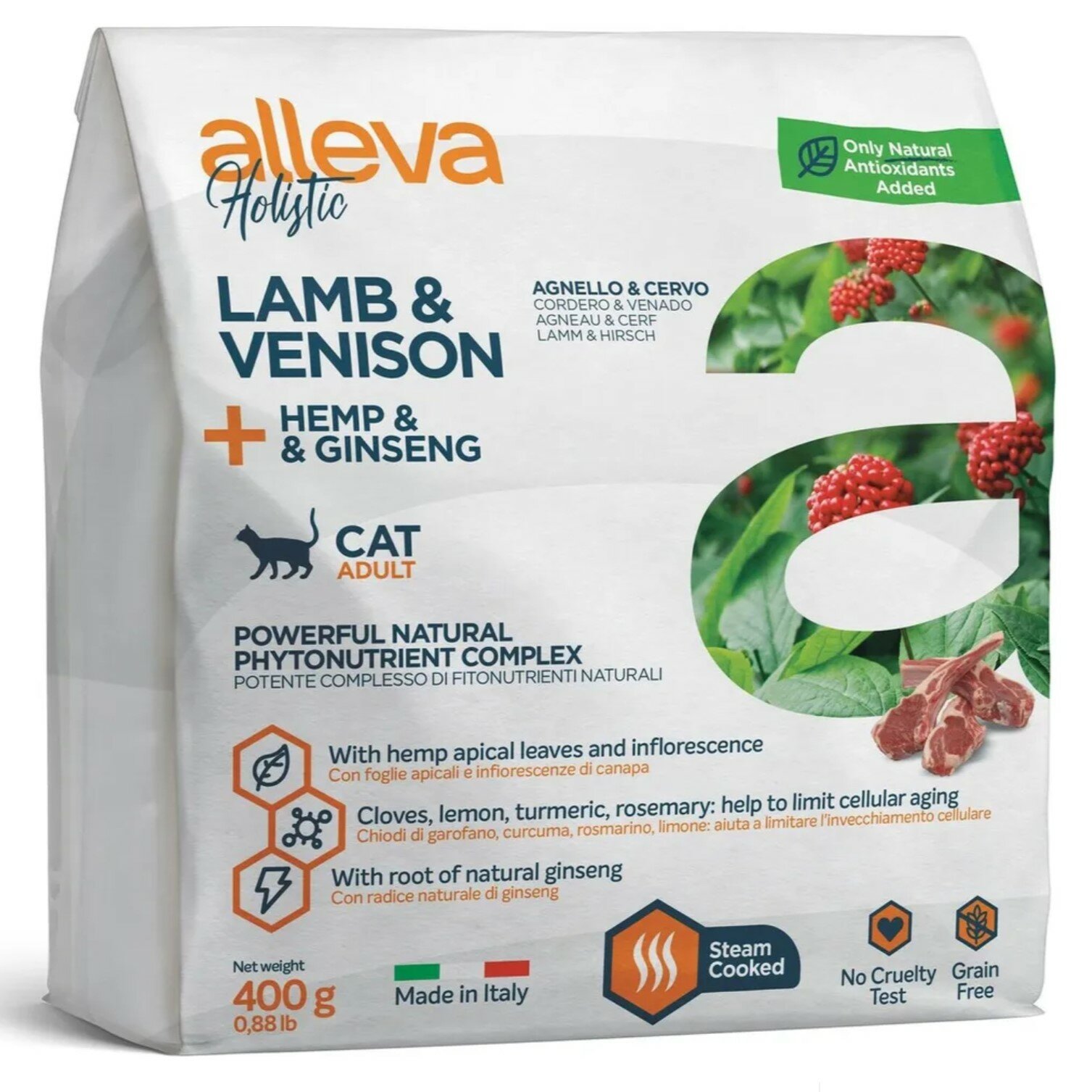 ALLEVA HOLISTIC Сухой корм для взрослых кошек с ягненком и олениной 400г