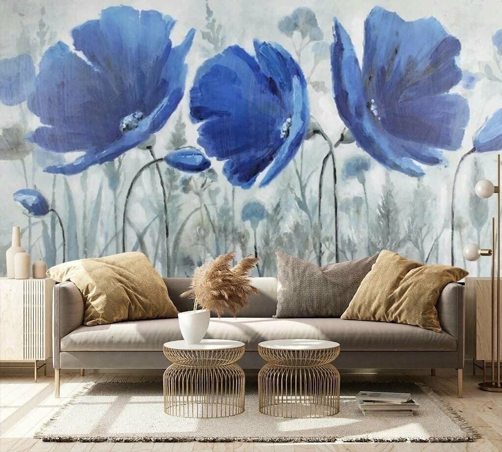 Фотообои Голубые маки 15-742-M 275 х 560 см (ВхШ) Бесшовные, флизелиновые, влагостойкие обои MasterFresok