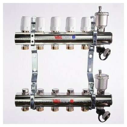 Коллекторный блок 3 выхода 1" x 3/4", "евроконус" VALTEC VT.594EMNX латунный с регулирующими и балансировочными клапанами (укомплектован: автоматический воздухоотводчик, сливной кран).