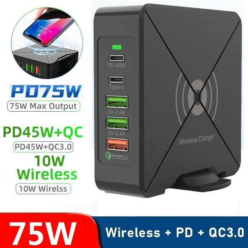 75 Вт 5 портовый USB C PD зарядное устройство быстрая зарядка тип C беспроводной быстрой зарядки дорожный адаптер питания с настольным компьютером для iPhone Samsung