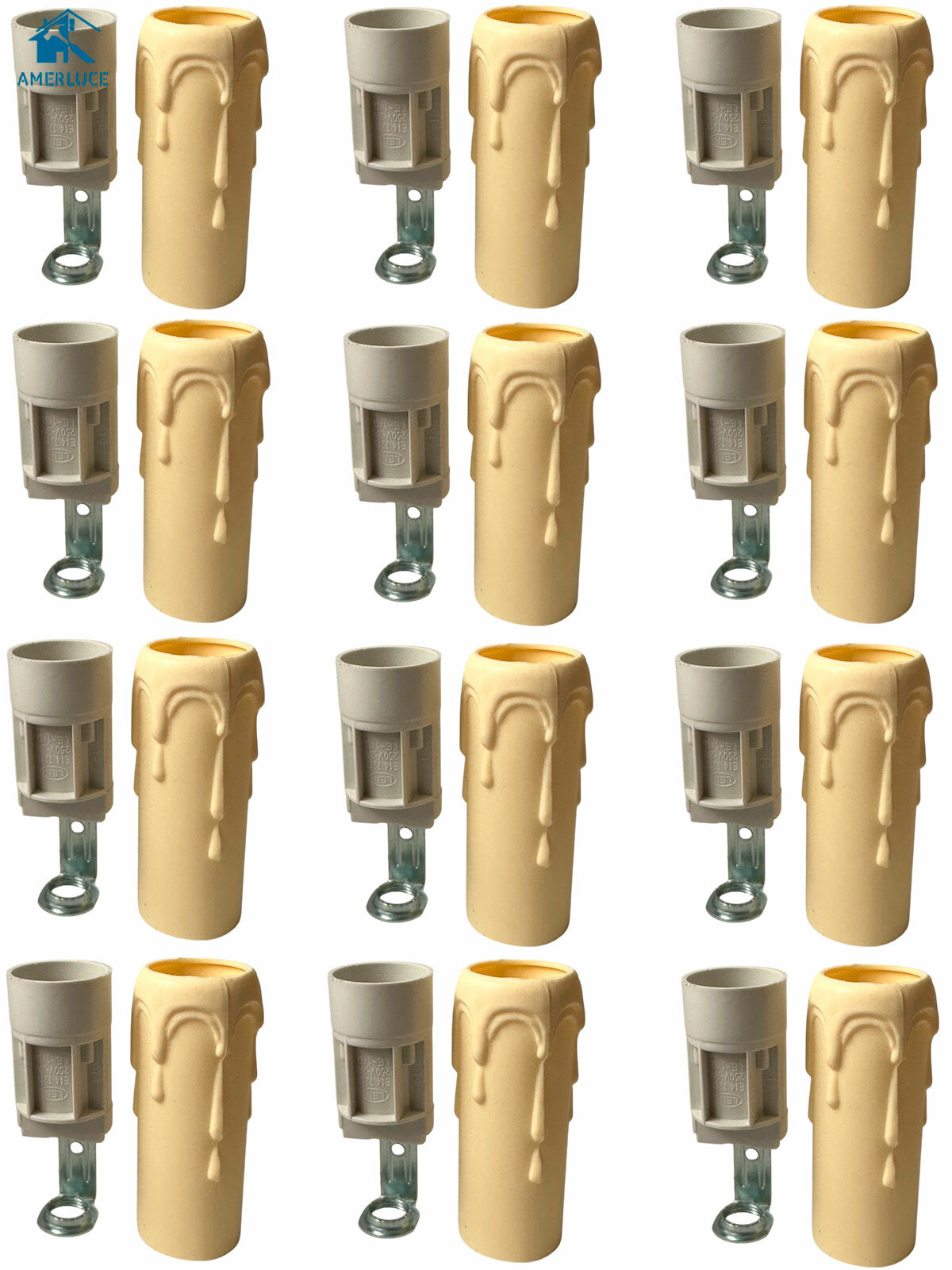 Патрон оплавленная свеча, (оплывшая свеча) Е14 для люстры в сборе, 65 мм, цвет бежевый, Е14, 12 шт