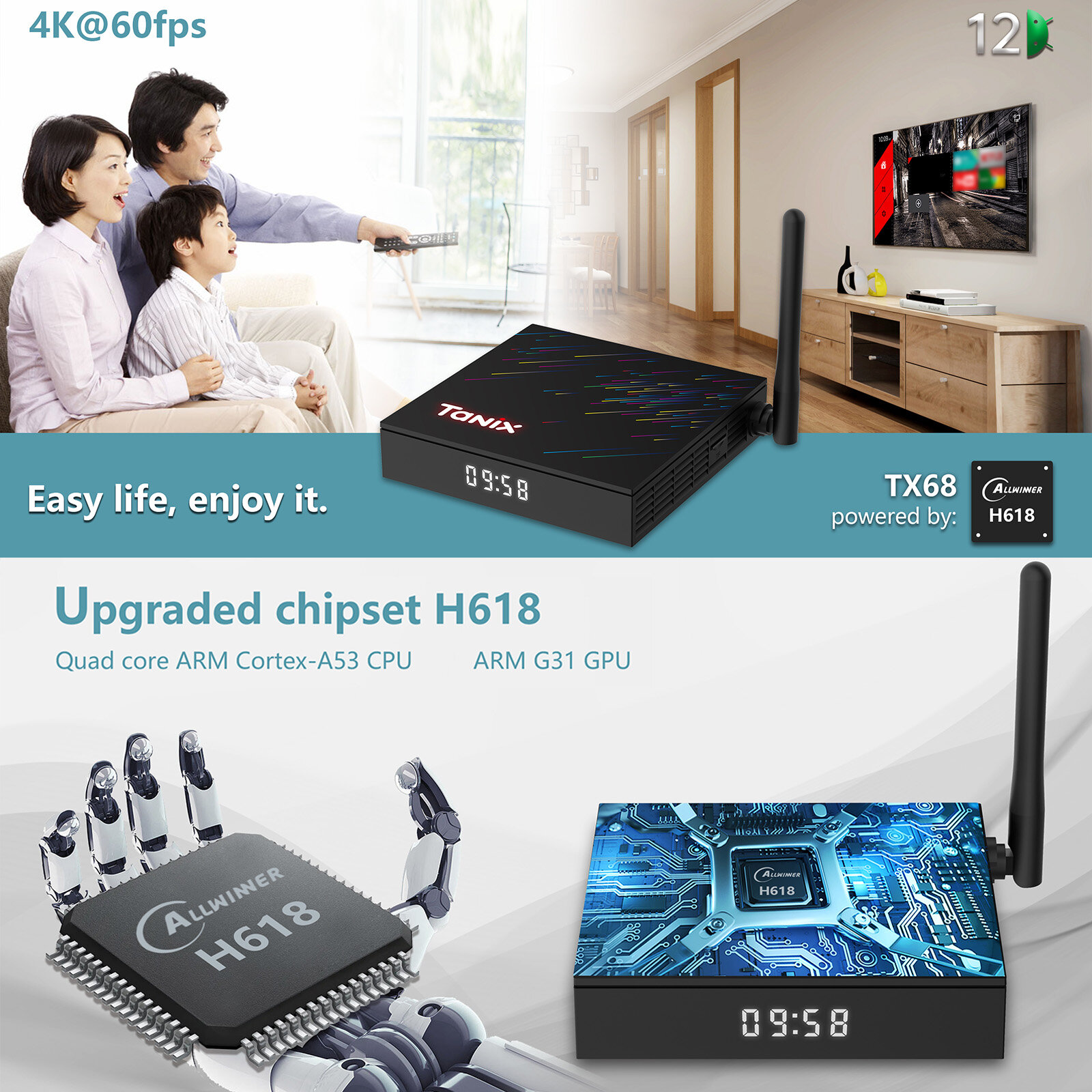 TV Box Tanix TX68 (Android 12, Allwinner H618, 4K AV1, WiFi 2.4G/5G, BT5.0)