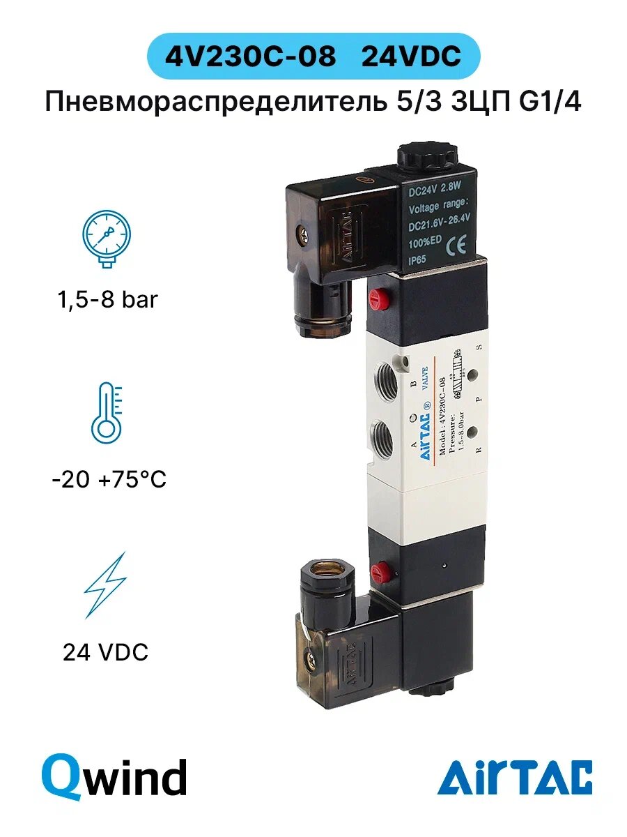 Пневмораспределитель с двумя катушками Airtac 4V230C-08 (4V230C08BG) G1/4, 5/3 закрытая центральная позиция, 24 VDC
