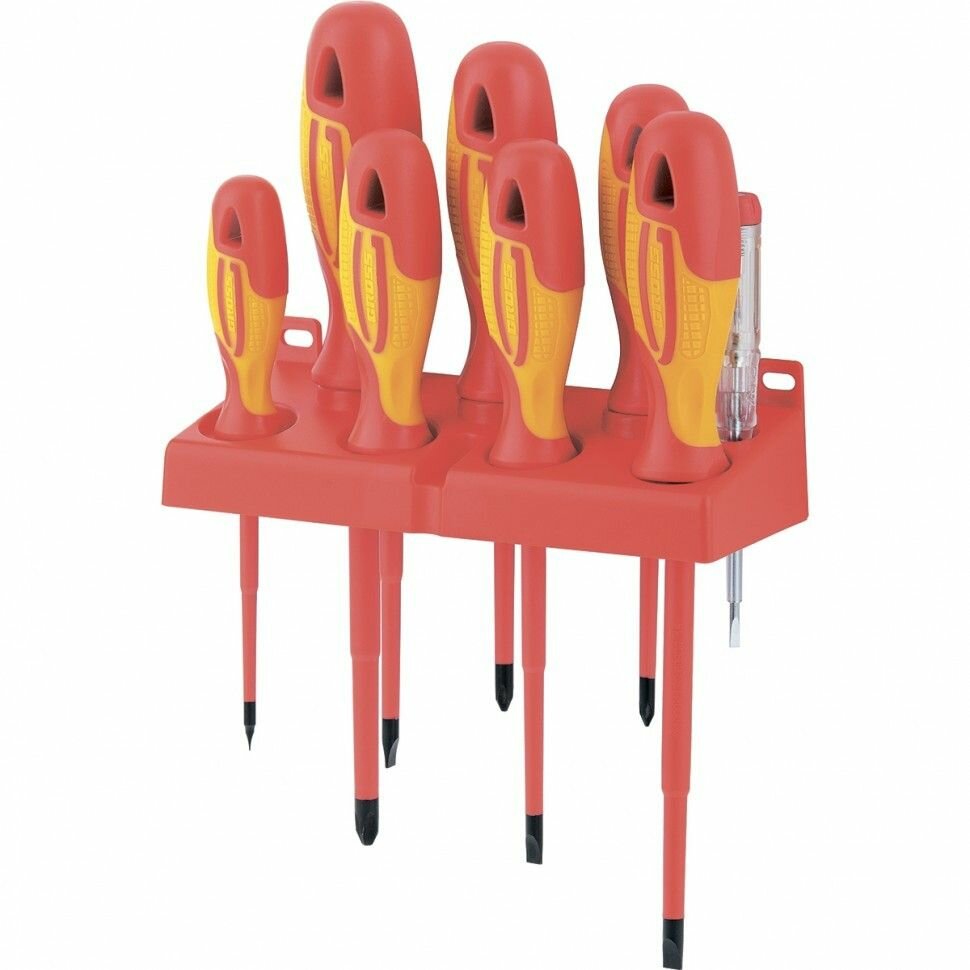 Набор отверток диэлектрических до 1000 В, 8 шт, тестер, CrMo, двухкомпонентные рукоятки Gross ( 12950 )