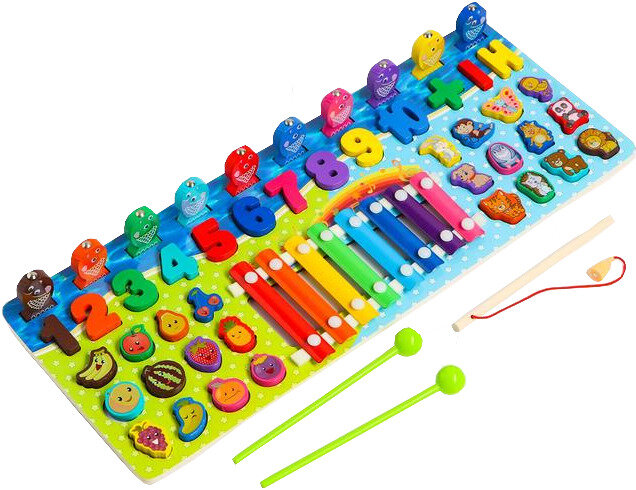 Деревянный логический центр 5 в 1 "Сказка", ксилофон, магнитная рыбалка, сортер, рамка-вкладыш, 17,5х45х0,7 см