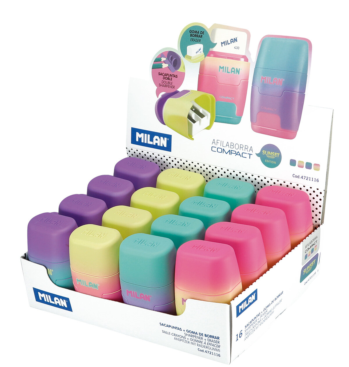 Milan Ластик-точилка Compact Sunset двухотверстная 4721116-CI44 ассорти цветов и оттенков