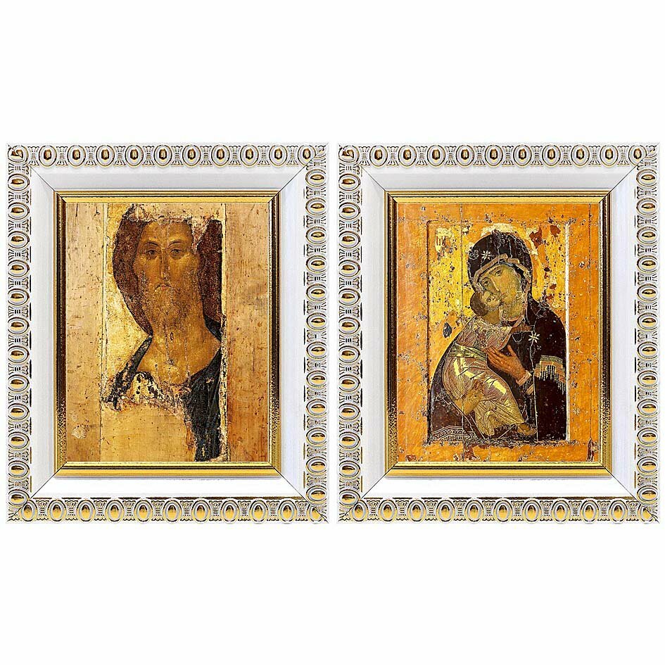 Венчальная пара "Спас Вседержитель (Андрей Рублев, 1410 г) - Владимирская икона Божией Матери (XII в)", две иконы в белых пластиковых рамках 8,5*10 см