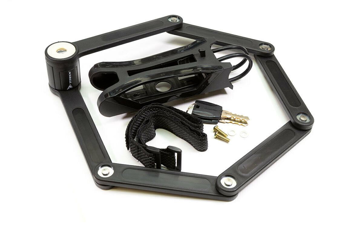 Велозамок TRIX складной, с ключами, 57×850мм, 6 стальных пластин в пластиковой оболочке, черный