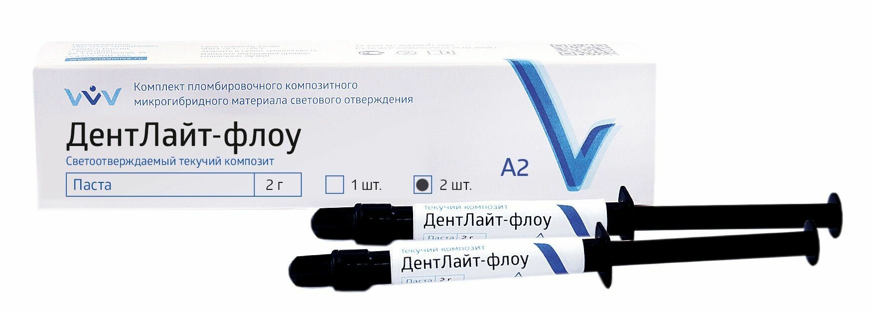 Дентлайт Флоу А2-текучий композит для реставрации зубов 2шпр. по 2г Владмива